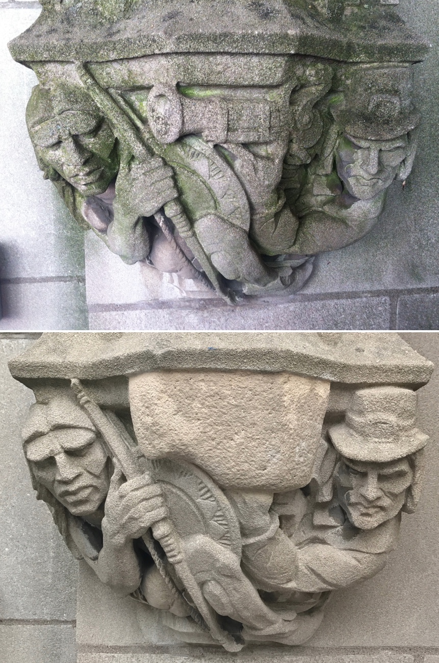 Yale | covers statue of Puritan | holding a gun | to be PC